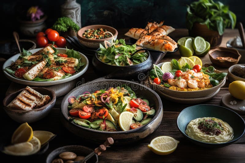 Fresh and Healthy Mediterranean Dishes in Seaside Restaurant. AI ...