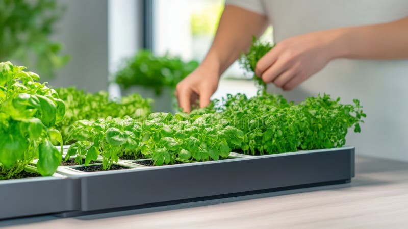 Fresh Herbs are Being Harvested from a Hydroponic System in a Clean ...
