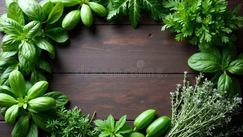 Fresh Herbs Circle on Dark Wood for Culinary Themes Stock Illustration - Illustration of space ...
