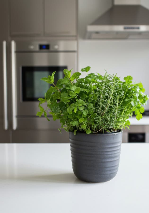 Fresh Herbs in Dark Pot on Modern Kitchen Counter Stock Illustration ...
