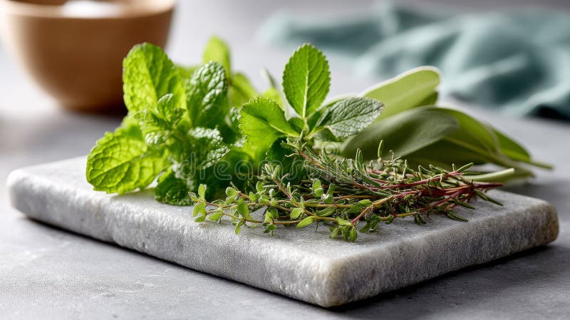 Fresh Herbs on a Marble Slab with Blurred Background. Stock Photo ...