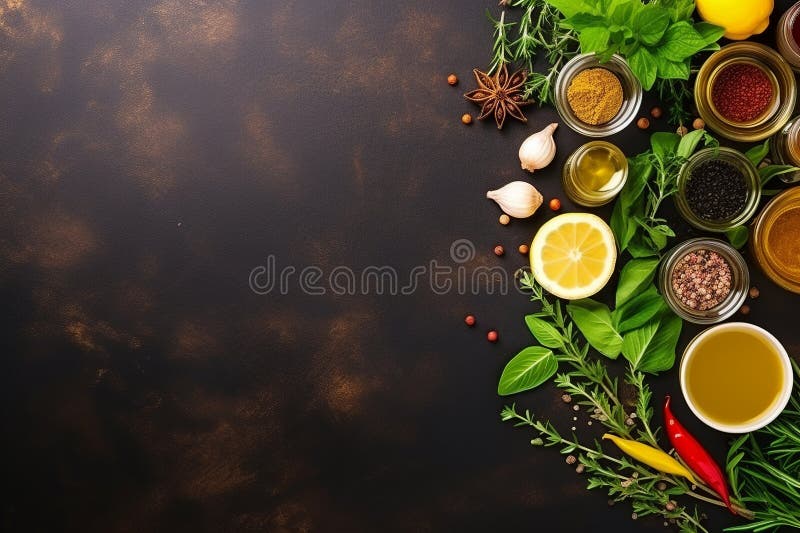 Fresh Herbs, Oils, and Produce Ready for Cooking, Ample Space Stock ...