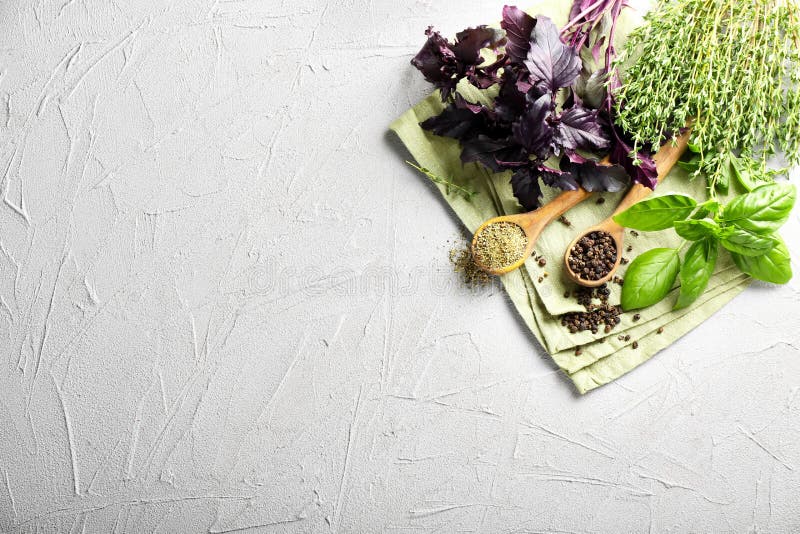 Fresh Herbs with Spices on Grey Textured Background Stock Image - Image ...