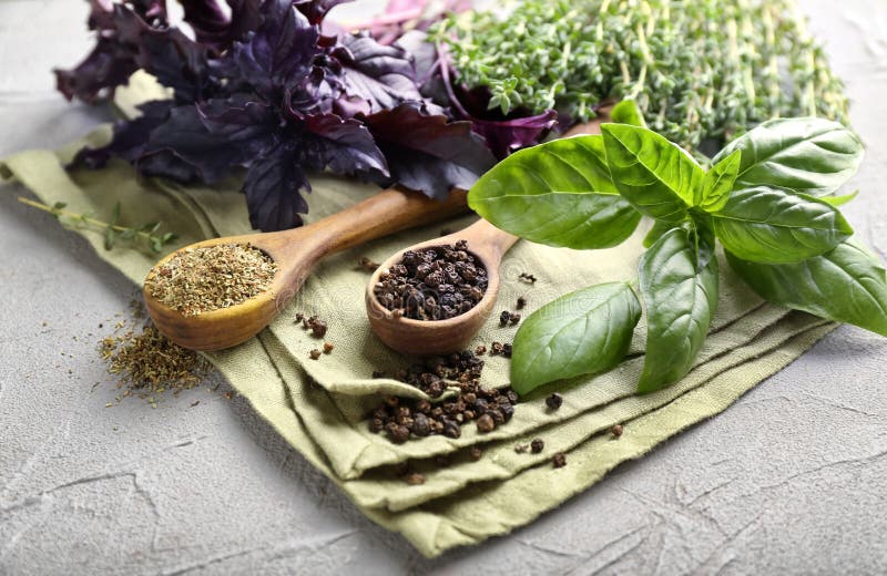 Fresh Herbs with Spices on Grey Textured Background Stock Photo - Image ...