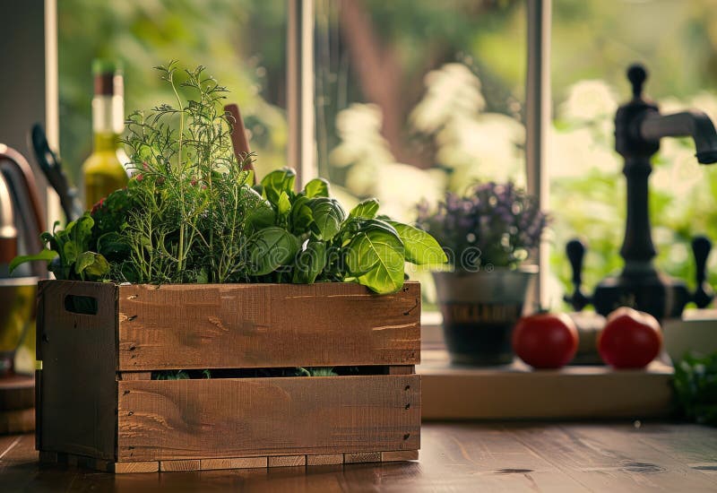 Fresh Herbs in Wooden Crate. an Wooden Box with Plants and Vegetables ...