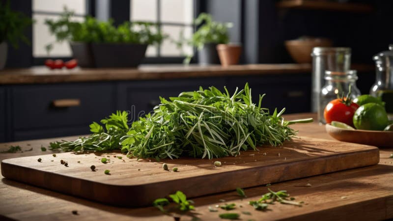 Fresh Herbs on a Wooden Cutting Board in a Modern Kitchen Setting Stock ...
