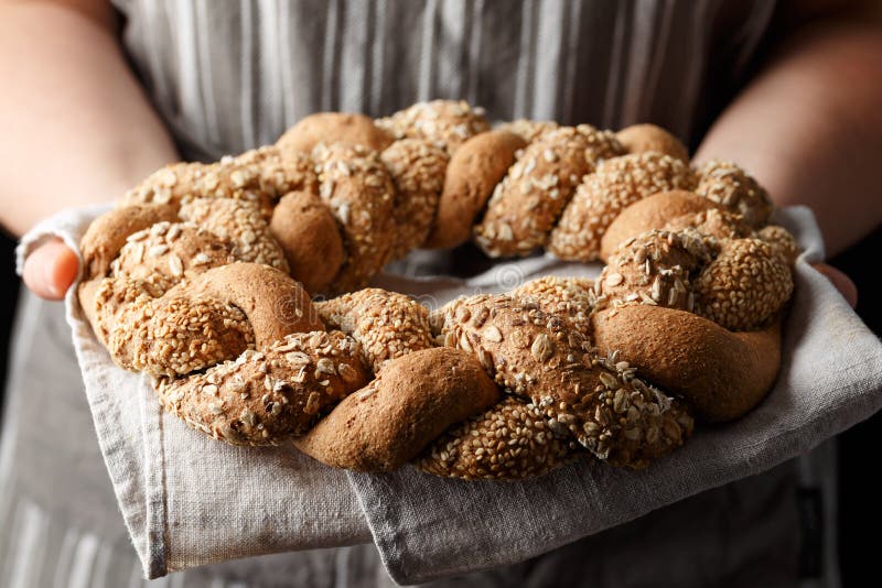 Fresh Homemade Braided Bread in Bakers Hands Stock Image - Image of ...