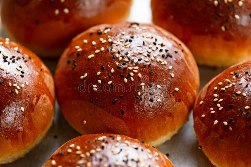 Fresh Homemade Hamburger Buns, Baps on Baking Paper Stock Image - Image ...