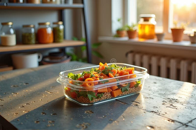 Fresh Homemade Salad Glass Container Rustic Table Sunlight Stock Photos ...