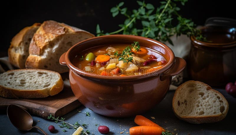Fresh Homemade Stew, Bread, and Soup Appetizer Generated by AI Stock ...