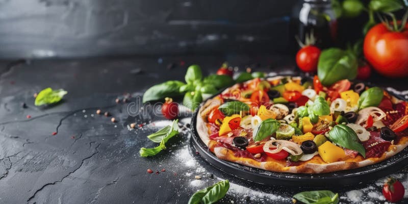 Fresh Homemade Veggie Pizza on Dark Stone Background Stock Image ...