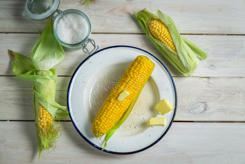 Fresh Hot Corn Served with Butter Stock Photo - Image of boiled ...