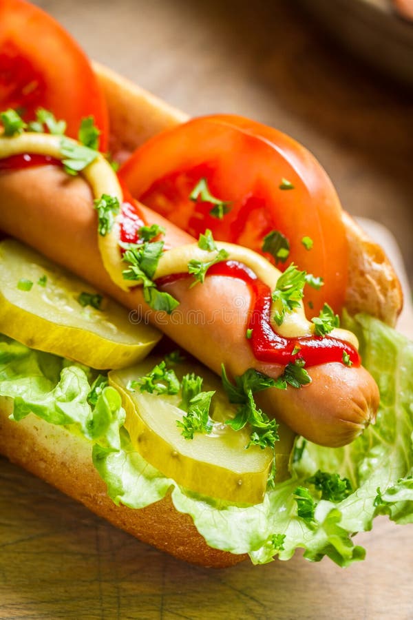 Fresh Hot Dog with Sausage and Vegetables Stock Photo - Image of drink ...