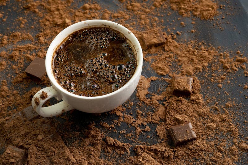 Fresh Hot Steaming Chocolate in a Cup, Chocolate Bar and Cocoa on the ...