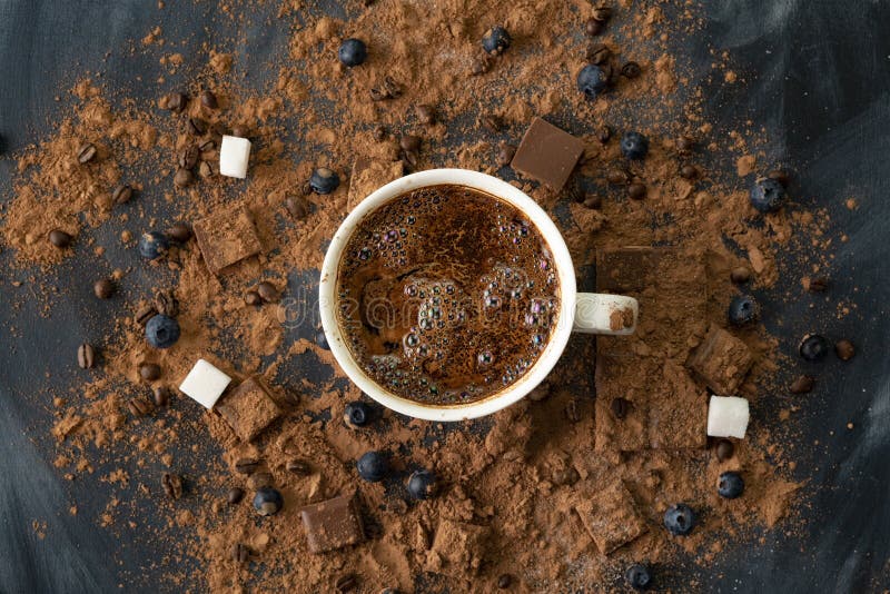 Fresh Hot Steaming Chocolate in a Cup, Chocolate Bar and Cocoa on the ...