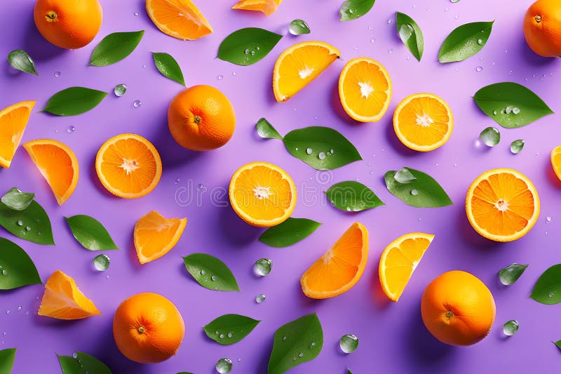 Fresh Hyper Realistic Oranges in Purple Background, Water Drops Stock ...
