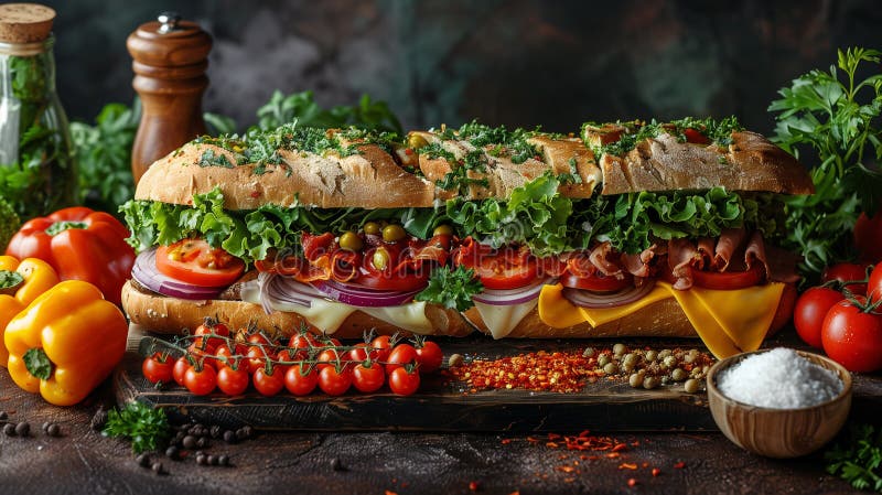 A Fresh Ingredient Sandwich is Adorned with Vegetables on a Table Stock ...