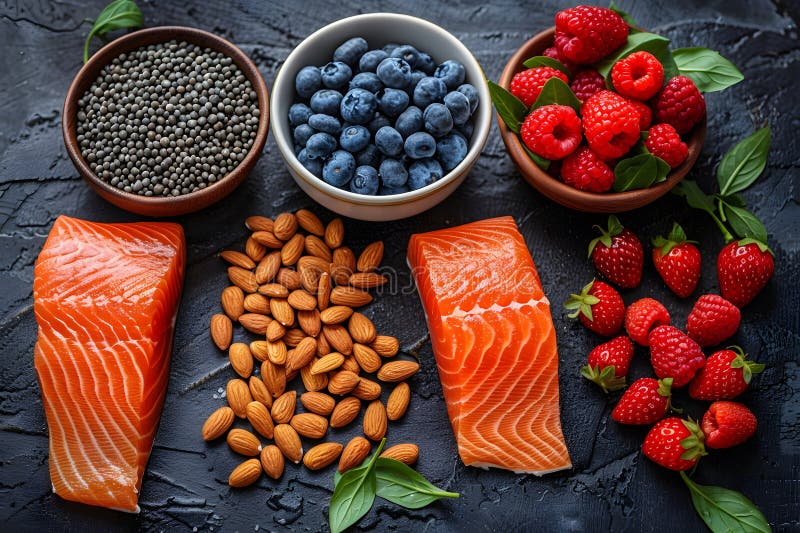 Healthy Eating: Salmon, Berries, Nuts, and Caviar on Rustic Slate ...