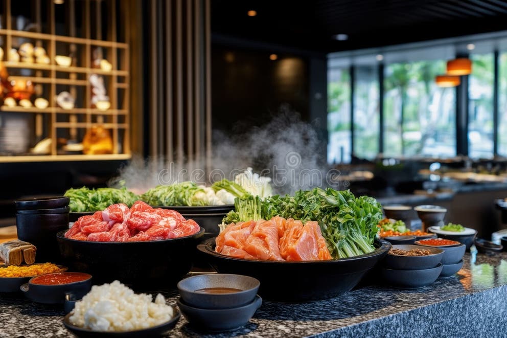 Fresh Ingredients for Asian Hot Pot in Modern Restaurant Setting Stock ...