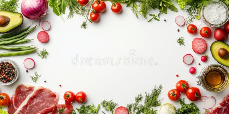 Fresh Ingredients Border with Vegetables, Herbs, and Meats on White ...