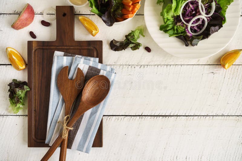 Fresh Ingredients for Cooking on White Wooden Background Stock Photo ...