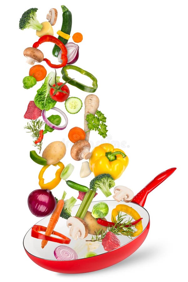 Fresh Ingredients Falling Flying into Red Cooking Pot Stock Image ...