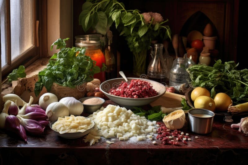 Fresh Ingredients for Lasagna on Kitchen Counter Stock Photo - Image of ...