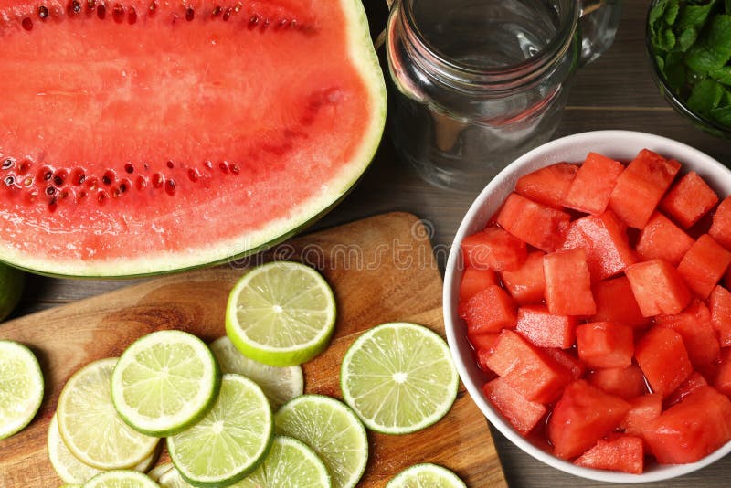 Fresh Ingredients for Making Watermelon Drink with Lime on Wooden Table ...