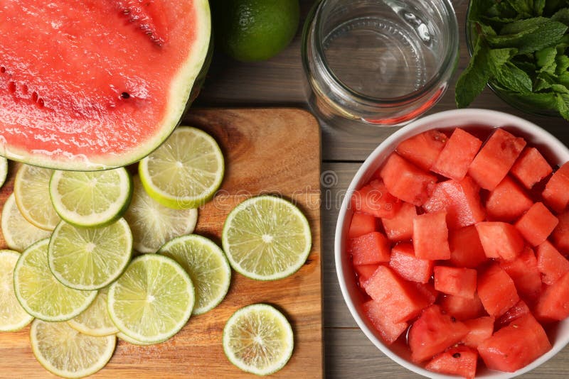 Fresh Ingredients for Making Watermelon Drink with Lime on Wooden Table ...