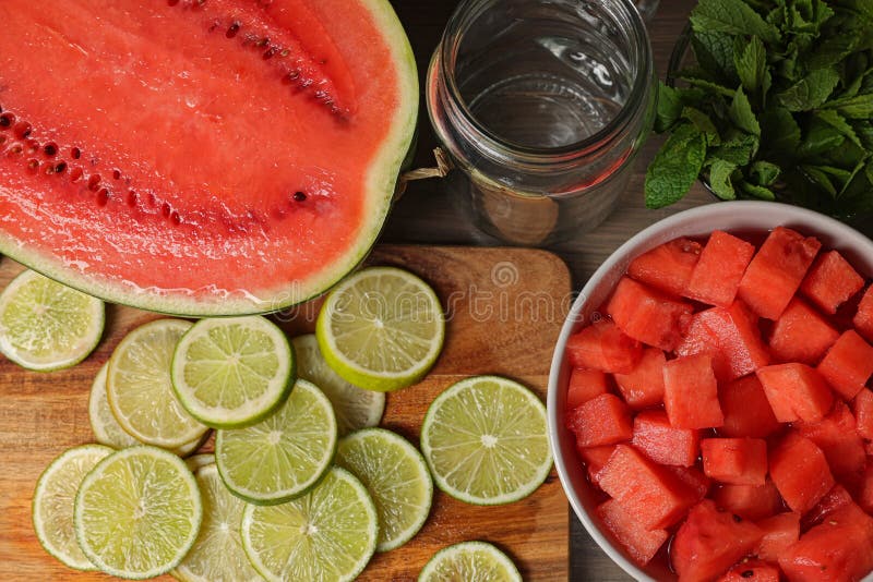 Fresh Ingredients for Making Watermelon Drink with Lime on Wooden Table ...