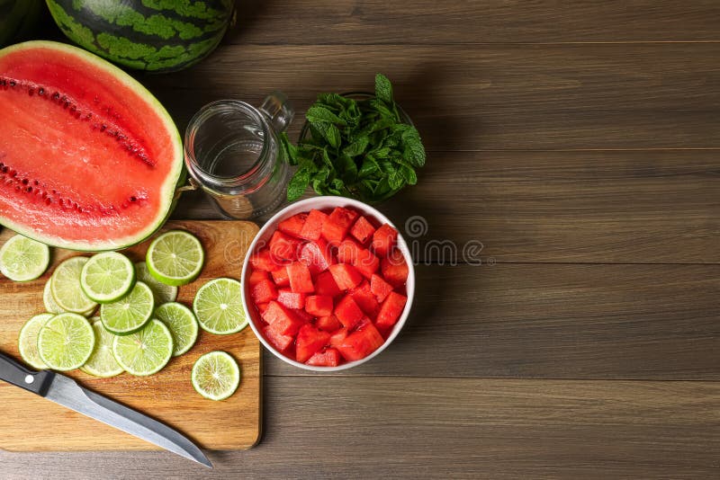 Fresh Ingredients for Making Watermelon Drink with Lime on Wooden Table ...