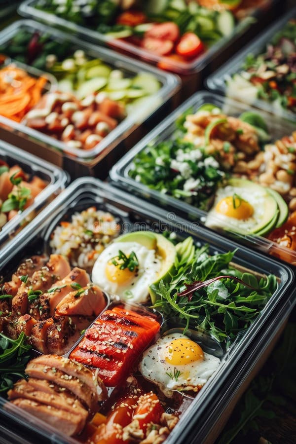 Fresh Ingredients and Meals Packaged in Various Plastic Containers on a ...