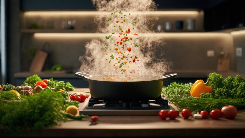 Fresh Ingredients on a Modern Kitchen Island Transform into a Steaming ...