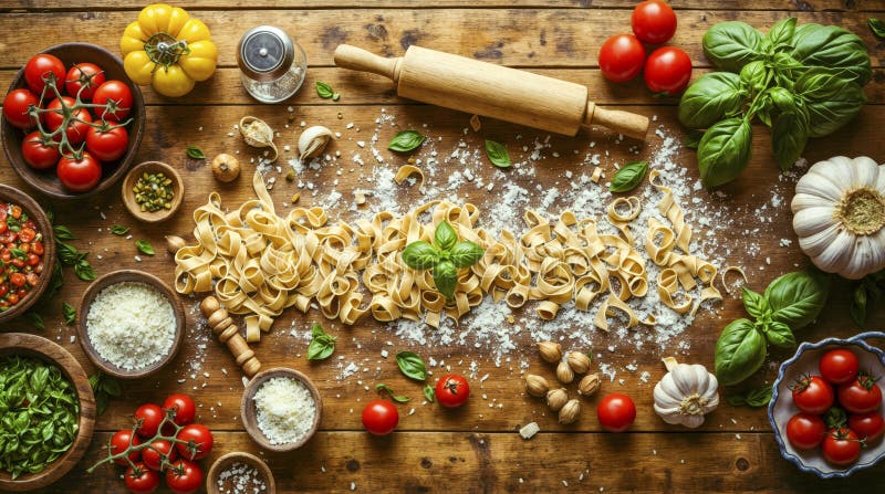 Fresh Ingredients and Pasta-making Essentials Spread Out on a Rustic ...