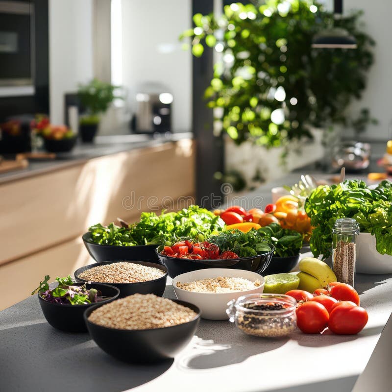 Fresh Ingredients Ready for Cooking on Kitchen Counter Stock ...