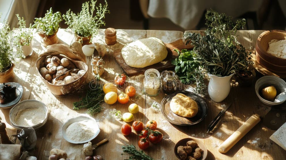 Fresh Ingredients and Rustic Baking Setup on a Kitchen Table Ready for ...