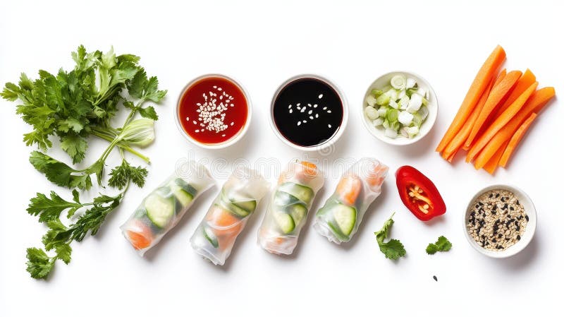 Fresh Ingredients and Sauces for Making Spring Rolls, Showcasing a ...