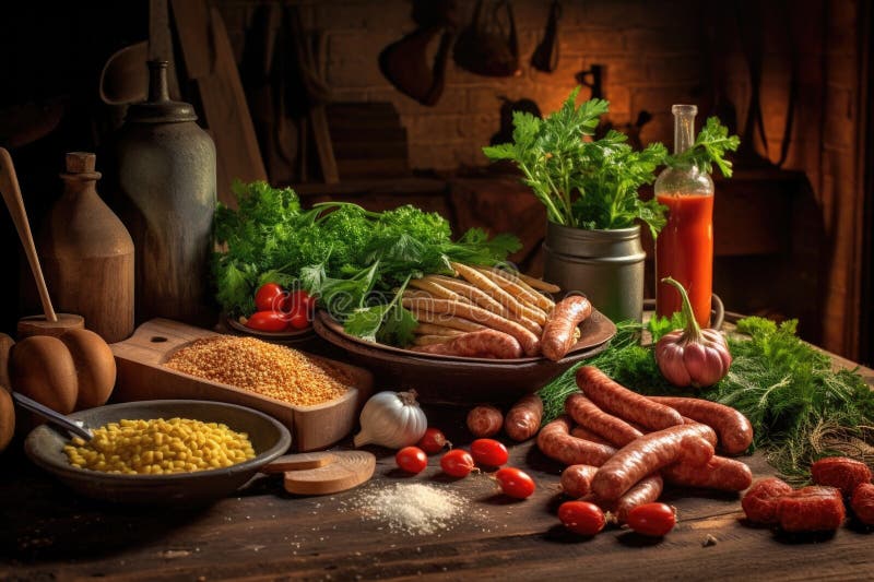 Fresh Ingredients for Sausage Making on a Rustic Table Stock ...