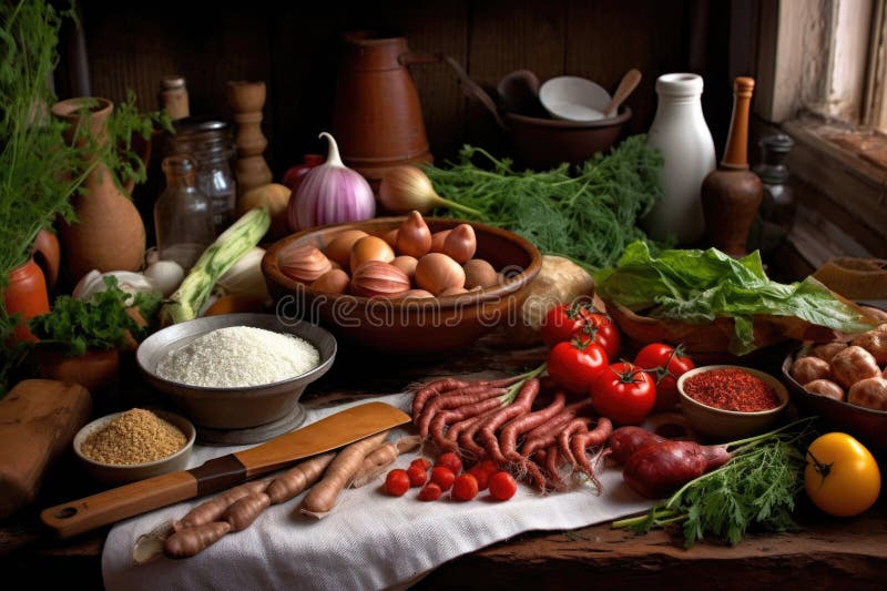 Fresh Ingredients for Sausage Making on a Table Stock Illustration ...