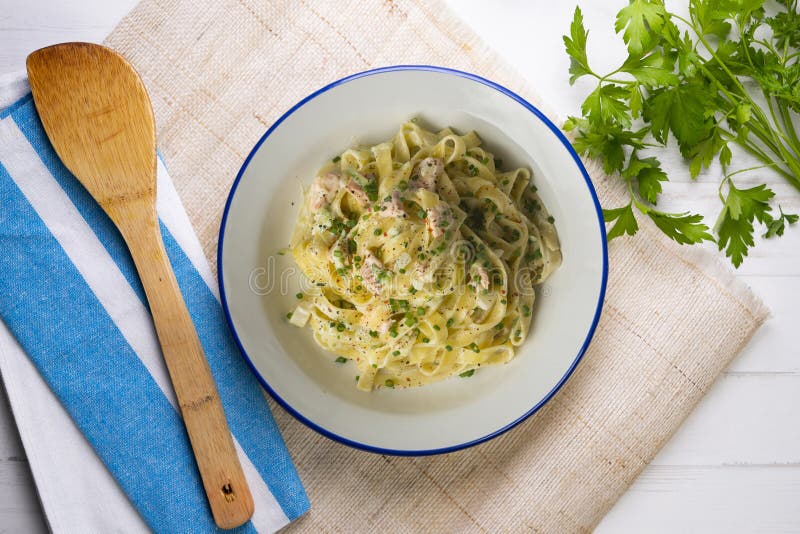 Fresh Italian Pasta with Salmon and Cream. Top View Table with ...