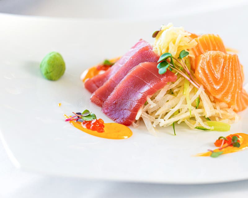 Fresh Japanese Sashimi Raw Fish Slice on Plate Stock Image - Image of ...