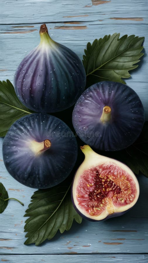Fresh Juicy Figs on Rustic Blue Wooden Surface with Green Leaves Stock ...