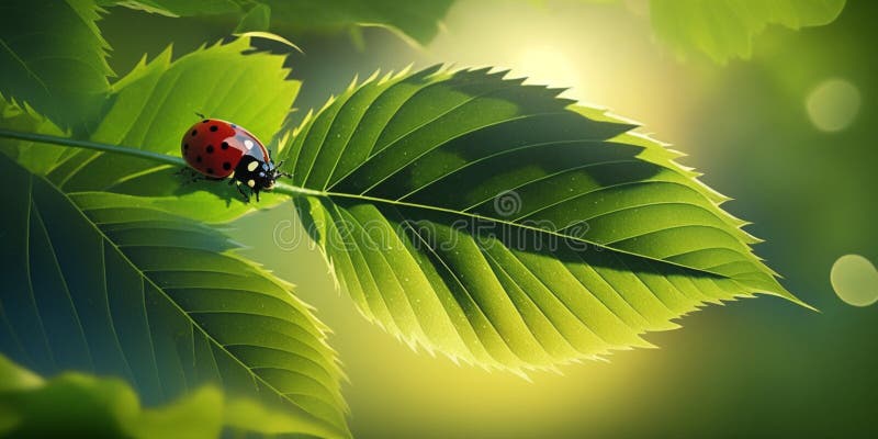 Fresh Juicy Green Leaves and Ladybug Lit by Rays of Sun in Nature Stock ...