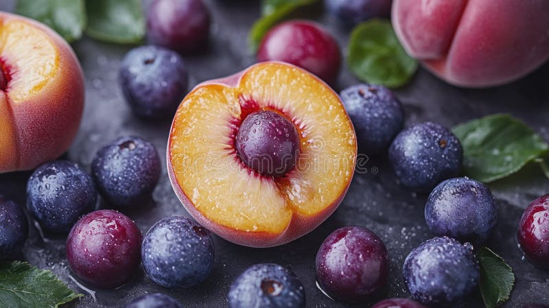 Fresh and Juicy Plums and Blueberries with Water Droplets on Dark ...