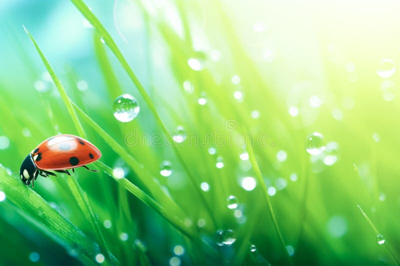 Fresh Juicy Young Grass In Droplets Of Morning Dew And A Ladybug In