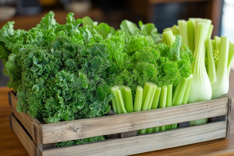 Fresh Kale and Celery in a Wooden Box on a Wooden Table Stock Photo ...