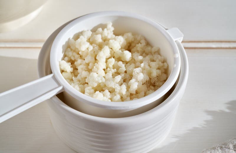 Fresh Kefir Grains in a White Strainer - Preparation of a Fermented ...