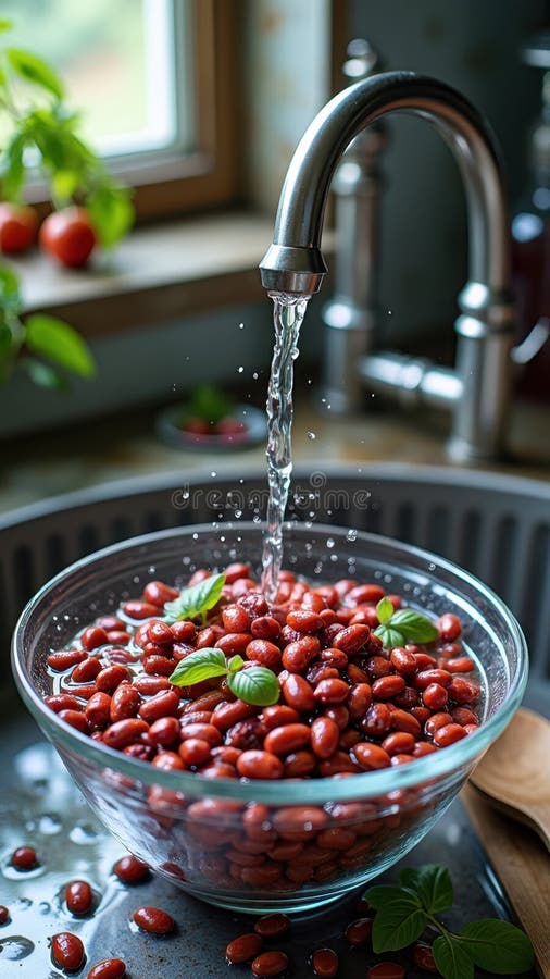 Fresh Kidney Beans Being Washed in Kitchen Sink with Basil Leaves Stock ...