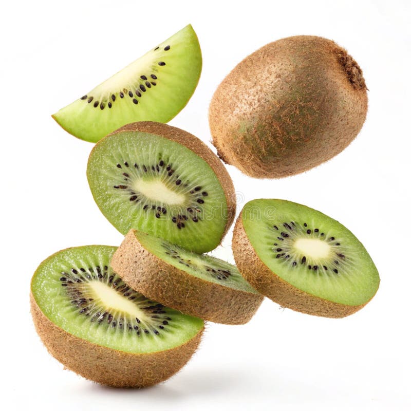 Fresh Kiwi Fruit Whole and Slices Falling Isolated on Transparent ...