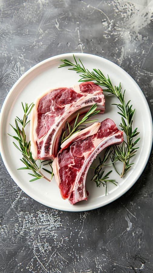 Fresh Lamb Chops with Rosemary on White Plate, Top View. Culinary ...